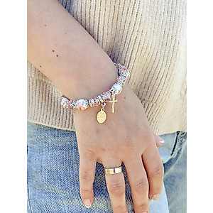 Nazareth Store Religious Cross Bracelet Pink Crystal Beaded Stretch Rosary Bracelet with Ceramic Flowers Beads Bangle Crucifix & Miraculous Medal Charm