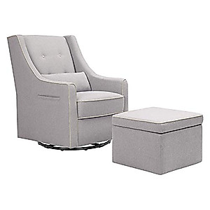 DaVinci Owen Upholstered Swivel Glider with Side Pocket and Storage Ottoman in Grey with Cream Piping, Greenguard Gold & CertiPUR-US Certified