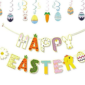 ABOOFAN 1 Set Happy Easter Banner Bunny Sign Rustic Bunting Garland Easter Hanging Ornaments for Easter Theme Party Wall Decorations