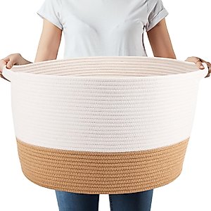 Woven Basket with Handle Cotton Rope 20'' x 13'' Blanket Toy Storage Basket for Living Room Large Laundry Baskets