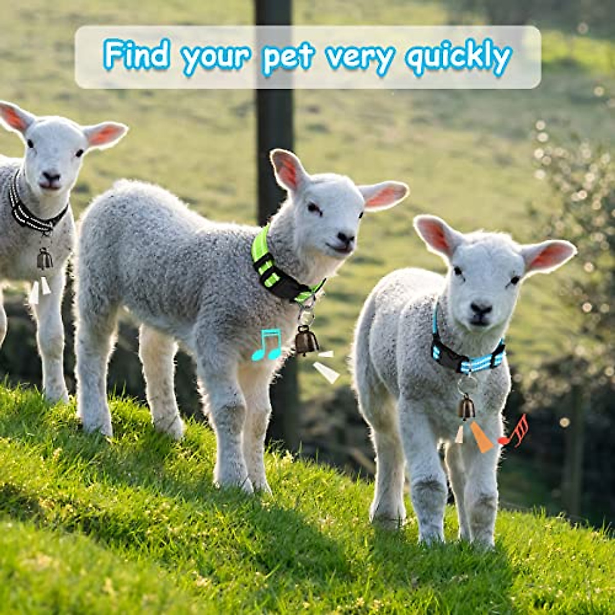 GINDOOR 5 Pack Reflective Goat Collars with Bells, Cow Horse Sheep Grazing Copper Bells and Adjustable Nylon Collar Set Pet Anti-Lost Loud Bronze Bell for Small Farm Animal Goat Sheep Cow Accessories