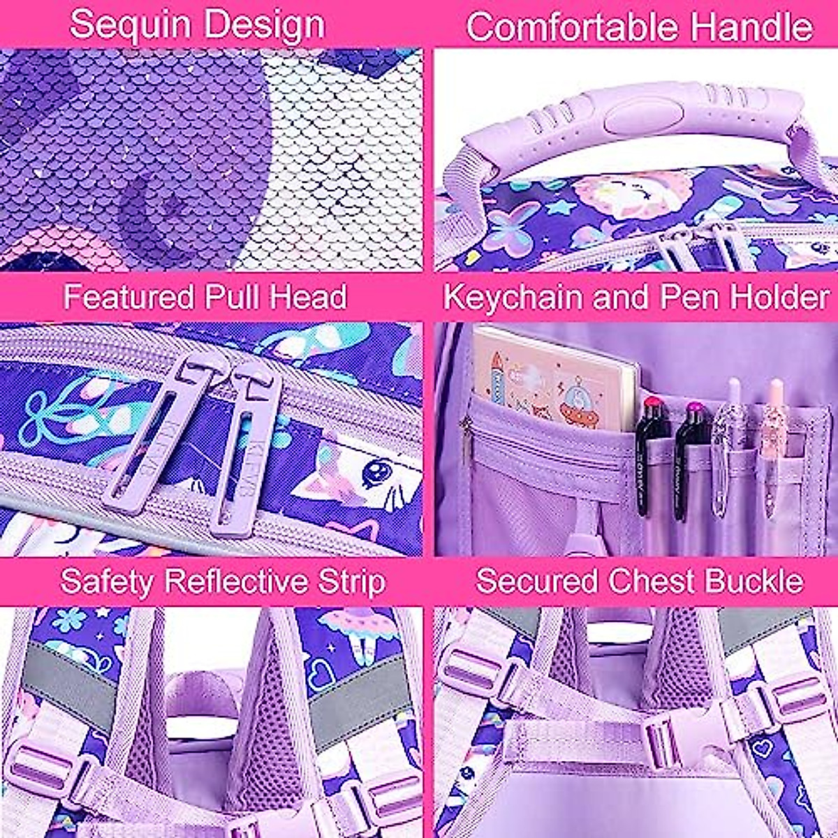 3PCS Cat Backpack for Girls, 16" Sequin Bookbag and Lunch Box for Kids, Water resistant Preschool Backpacks for Elementary Students