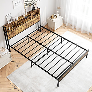 MegaChunk Queen Bed Frame with Storage Headboard, Metal Platform Bed with Charging Station, Bookcase Storage, No Box Spring Needed, Easy Assembly, Noise-Free, Black