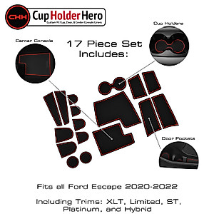 CupHolderHero fits Ford Escape Accessories 2020-2022 Premium Custom Interior Non-Slip Anti Dust Cup Holder Inserts, Center Console Liner Mats, Door Pocket Liners 17pc Set (Red Trim)