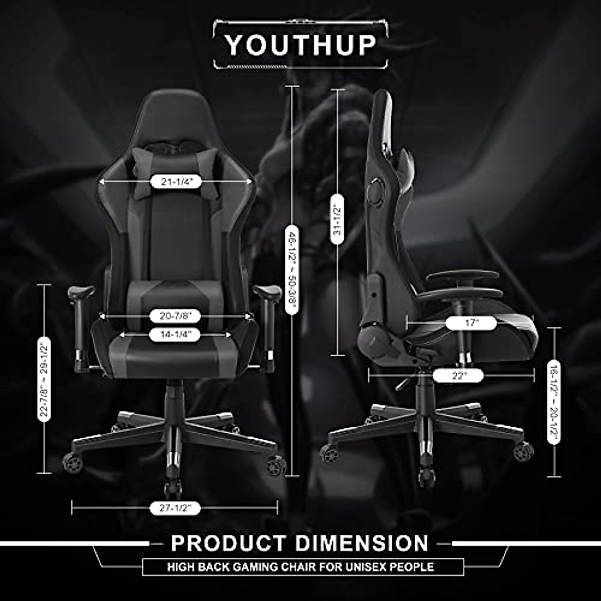 Gaming Chair with Speakers Video Game Chair with RGB LED Lights Ergonomic Racing Office Chair PU Leather Recliner Computer Chair Swivel E-Sports Chair with Lumbar Support Headrest Armrest, Black
