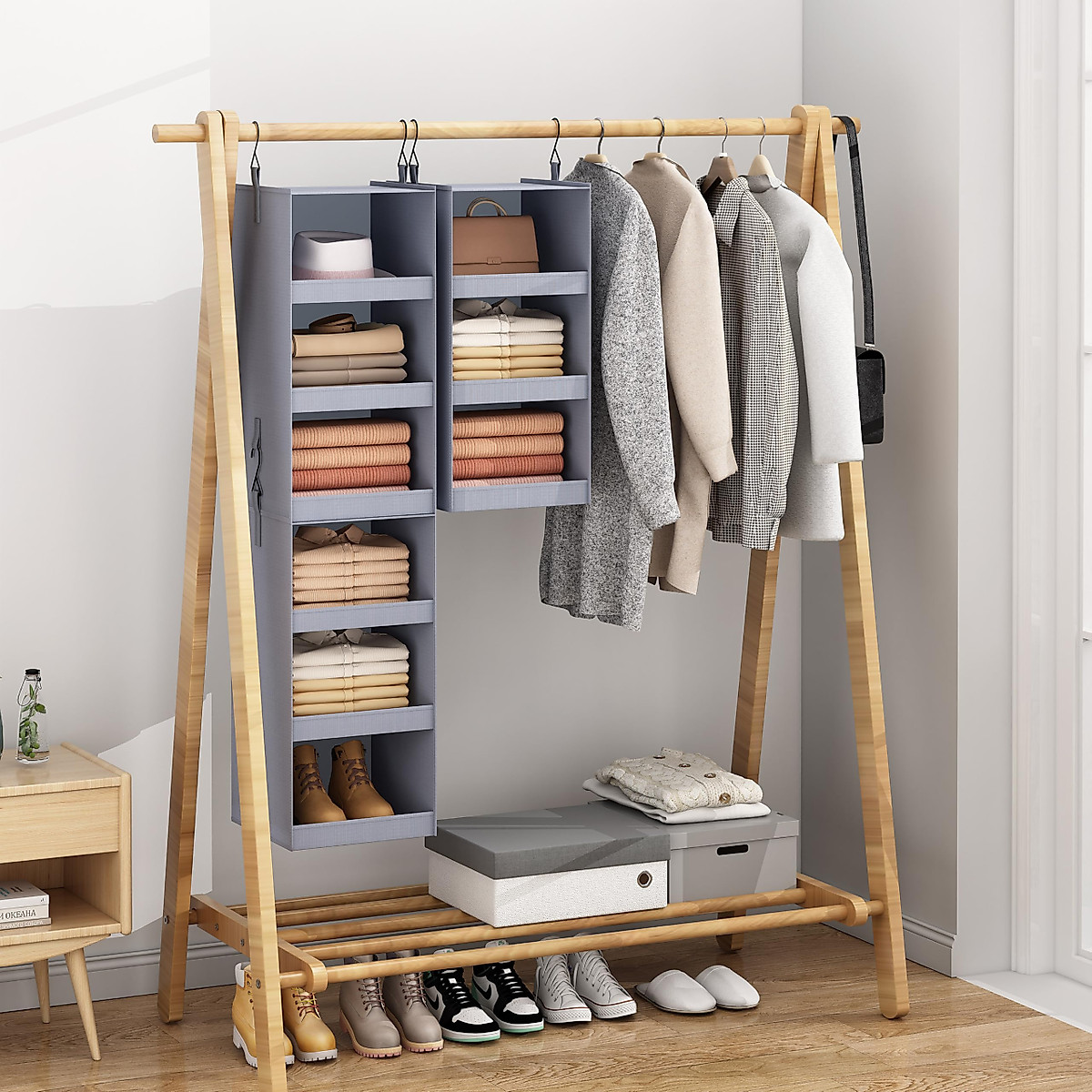 FLYBOX Hanging Closet Organizer, Collapsible Closet Hanging Organizer, 3 Shelf Sturdy Hanging Shelves for Closet & Ideal for RV,Camper Bed Side Closets Gray, 29 ¾" H X 12" W X 12" D, 1-Pack