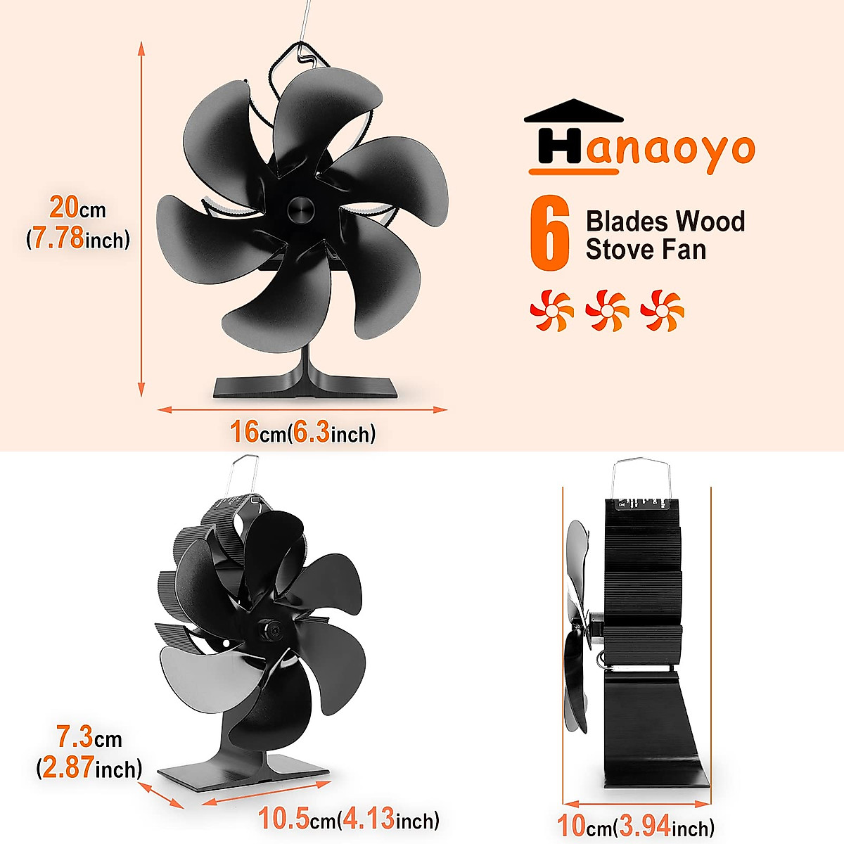 Hanaoyo Wood Stove Fan & Magnetic Stove Thermometer, 6 Blades Wood Stove Fan Heat Powered, Fireplace Fan with Magnetic Thermometer, Non Electric Fan for Wood/Gas/Log Burner Stove