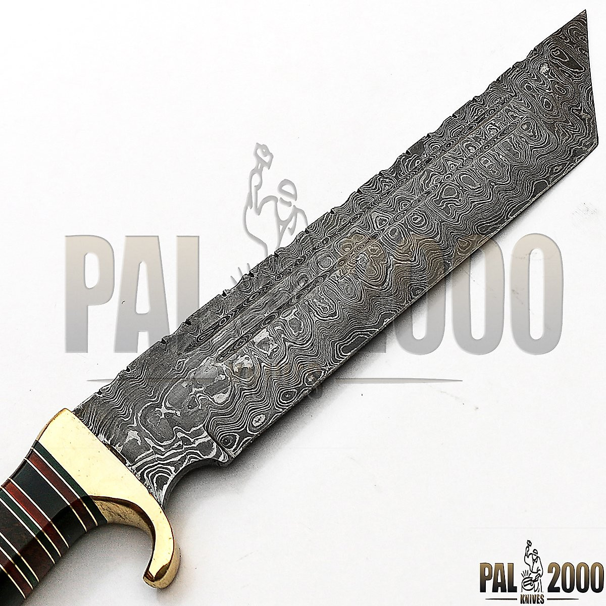 HTK-9228 Custom Handmade Damascus Steel Hunting Tanto Knife 15 Inches Buffalo Horn Handle Ladder pattern Blade with sheath