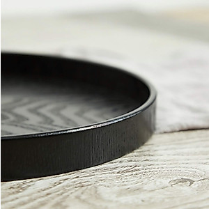 Round Wood Serving Tray, Solid Wooden Decorative Tray Non-Slip Tea Coffee Table Tray Snack Plate Food Meals Serving Tray with Raised Edges for Home Decor Kitchen Restaurant(11.8inch/30cm, Black)