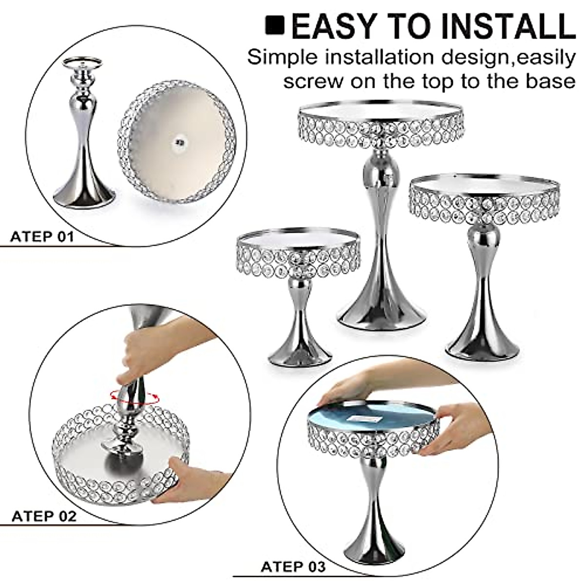 ELLDOO Set of 3 Crystal Wedding Cake Stands, 8/10/12 Inch Silver Round Cake Display Stand Pedestal, Metal Cupcake Stand Dessert Stand for Parties Birthday Baking Party Baby Showers Anniversary