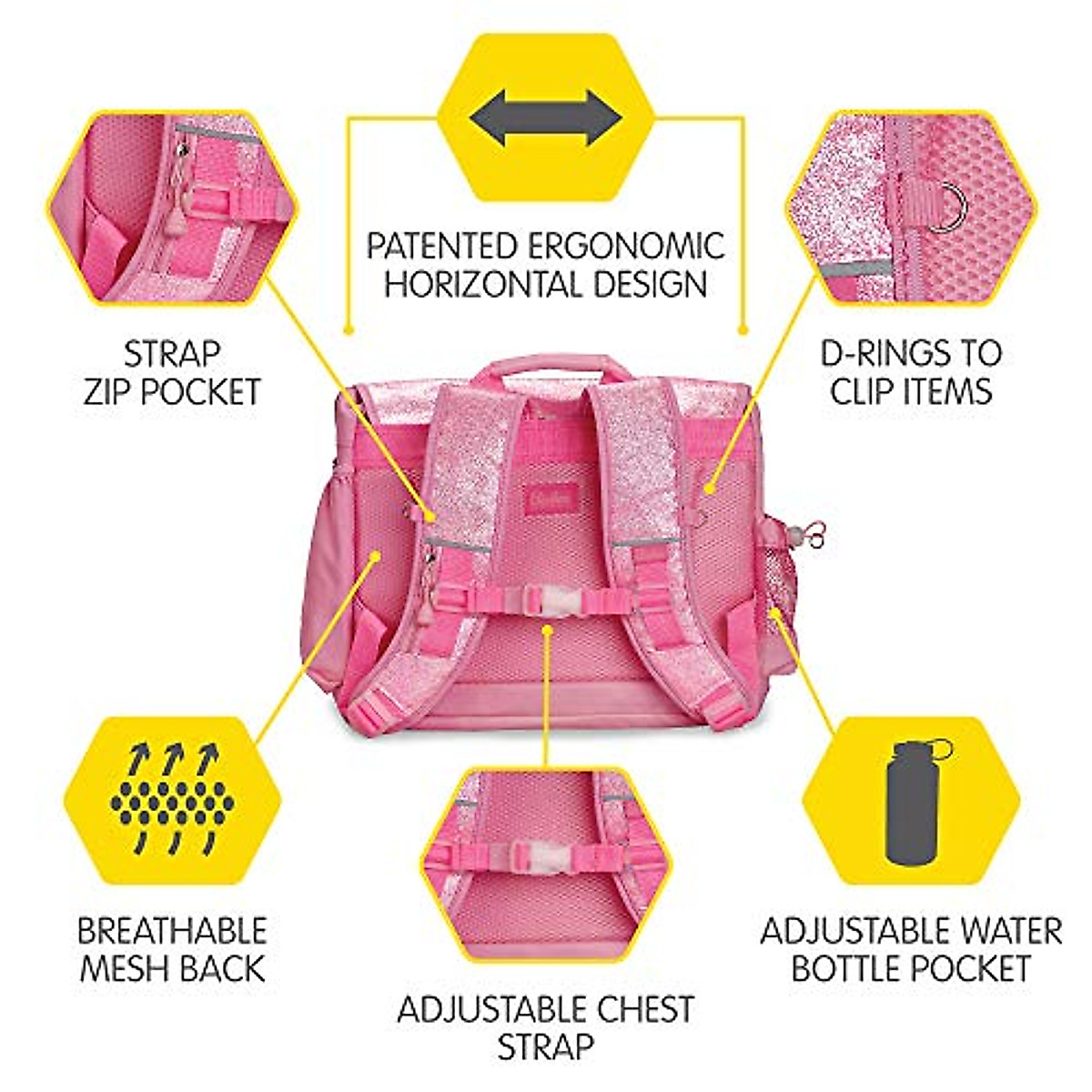 Bixbee Kids Backpack, Water Resistant Backpack for Girls & Boys with Pockets, Durable Zippers & Easy Carry Design - Perfect Size Children's Bookbag for School & Travel in Sparkalicious Pink- Medium
