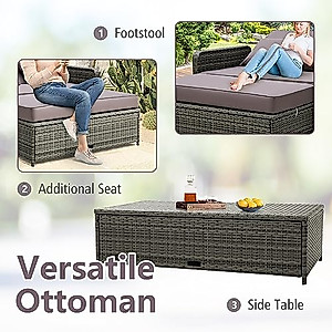 Tangkula Patio Rattan Daybed Set, Wicker Loveseat Sofa w/Multipurpose Ottoman & Retractable Side Tray, 4-Level Adjustable Backrest, Footstool w/Storage, Seat & Back Cushion Included (Gray)