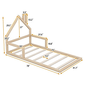 MERITLINE Twin Size Floor Bed with House-Shaped Headboard, Twin Montessori Floor Bed Wood Frame, No Box Spring Needed, for Kids Teens Girls Boys (Natural)