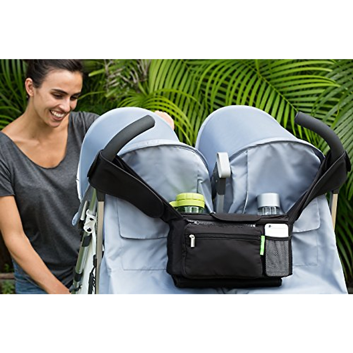 Ethan & Emma Double Stroller Organizer with Cup Holders - Fits Both Single & Double Strollers - Secured Fit & Extra Storage - Universal Stroller Organizer and Stroller Accessory Black