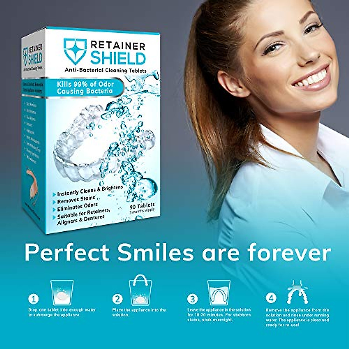 Retainer Shield Cleaning Tablets - Keeps Retainers Clean, Fresh, Bright, and Stain-Free - 3 Months Supply for Retainers, Dentures, Invisible Straighteners, Aligners, and Mouth Guards