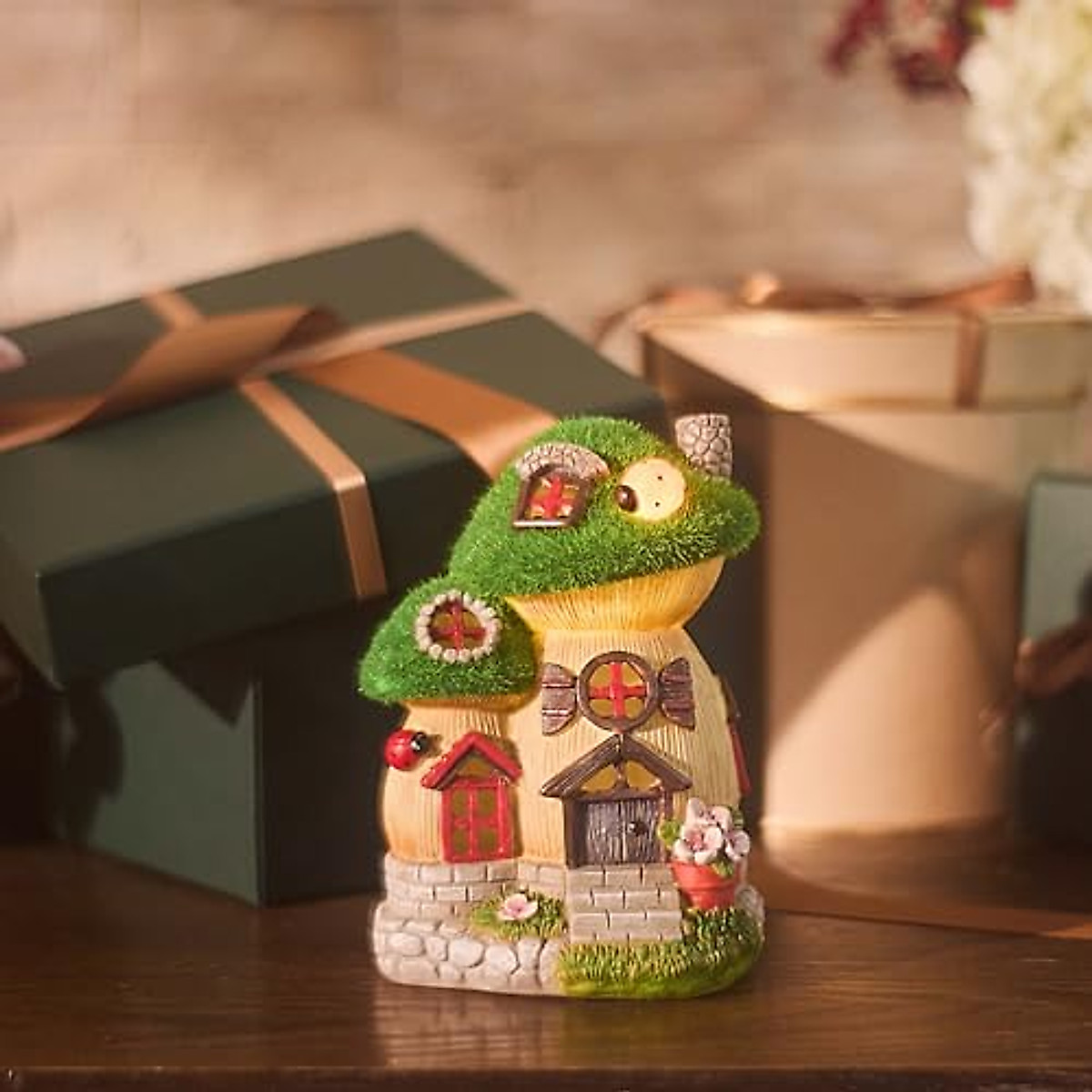 TERESA'S COLLECTIONS Mushroom Garden Statues with Outdoor Solar Light, Green Flocked Fall Decorations for Home, Resin Fairy House Accessories Outdoor Fall Decor Yard Lawn Ornaments Gifts for Mom 6.6“