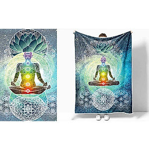 Chakra Chunky Throw Blanket for Couch Bedroom Bedding Decor Office, Seven Chakra Yoga Meditation Zen Hippie Lotus Spiritual Soft Thick Flannel Bed Blanket Decorations (640 Grams 50X60 Inches)