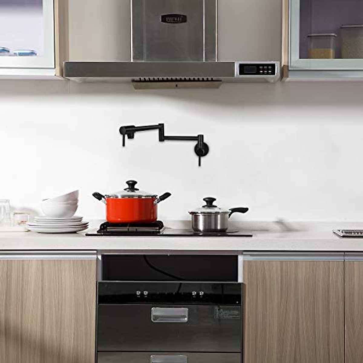 KWODE Matte Black Pot Filler Faucet Wall Mount Commercial Kitchen Sink Faucet Double Joints Folding Stretchable Swing Arm with Single Hole 2 Handles Brass