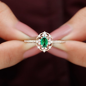 Created Emerald and Diamond Vintage Flower Engagement Ring | AAAA Quality, 14K Rose Gold, Size:US 10.50