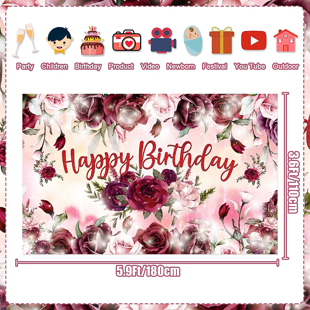 Cocomigo 134pcs Burgundy Birthday Decorations, Women Birthday Decorations Floral Birthday Balloons Arch Backdrop Tablecloth Honeycomb Centerpiece Cake Topper Burgundy Flower Birthday Decoration