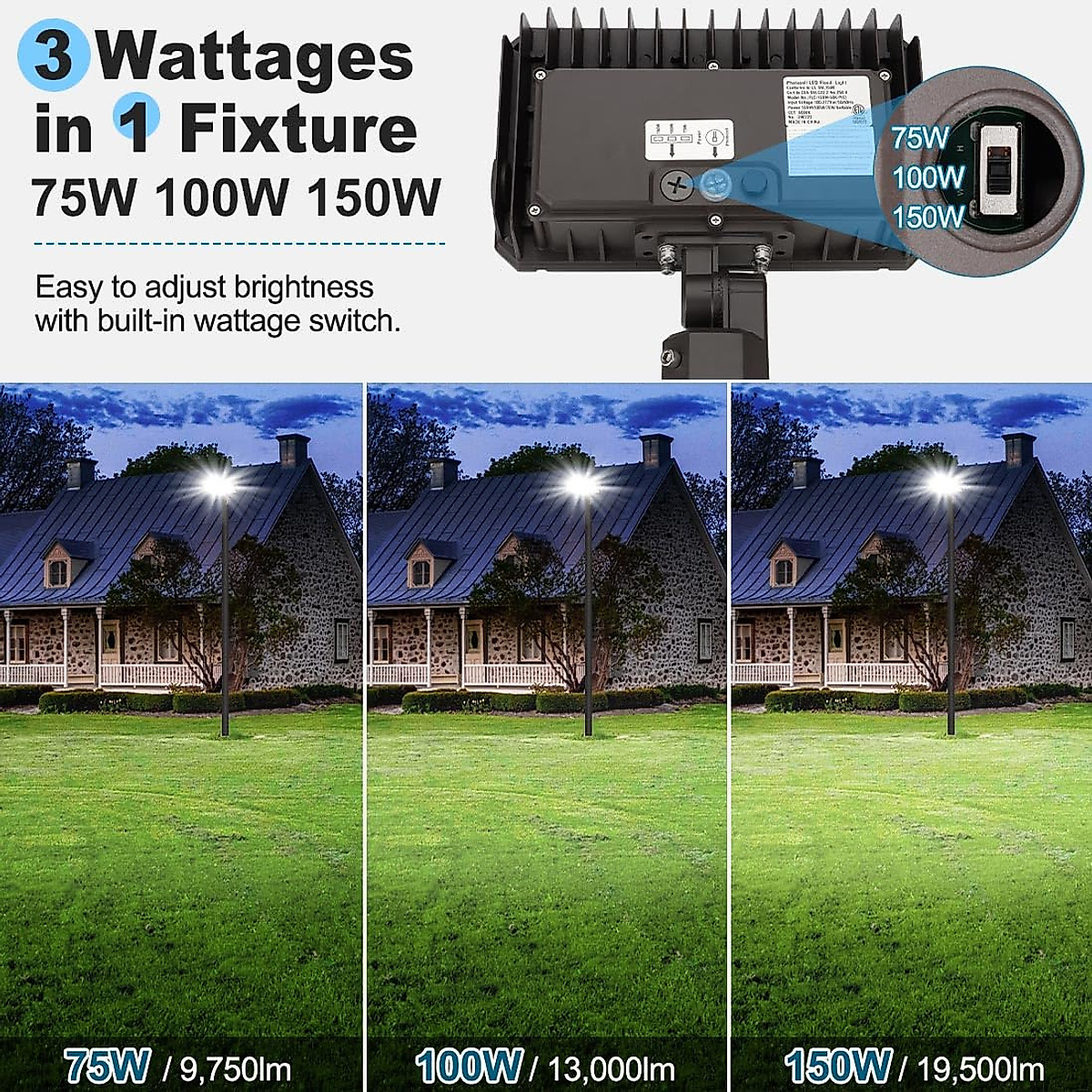 Xbuyee 150W LED Flood Light with Dusk-to-Dawn Photocell, 130lm/W 5000K Daylight 100-277V IP65 Waterproof, 150W-100W-75W Adjustable, LED Parking Lot Light with Slip Fitter Mount, ETL