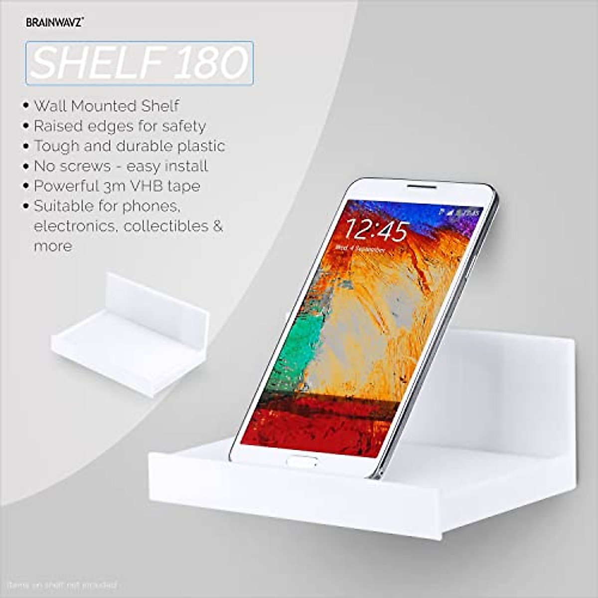 5.4" Adhesive Small Floating Shelf for Speakers, Books, Plants, Cameras, Toys, Decor & More, Screwless Wall Shelves, Easy to Install, by Brainwavz (SHELF180, White)