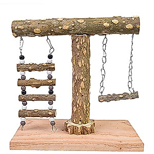 MKubwaa Bird Playstand Platform for Cockatiels, Parrots Playground Stand Perches, Outside Birdcage Playpen Stand with Swing and Ladder, Natural Wood Tabletop Exercise Playgym for Parakeets, Cockatoo