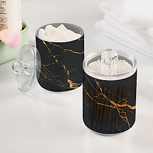 BOENLE 2 Pack Qtip Holder Organizer Dispenser Gold Black Marble Texture Bathroom Storage Canister Cotton Ball Holder Container for Cotton Pads/Swabs/Floss