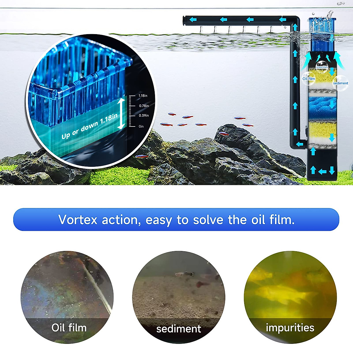 CHERLAM Aquarium Surface Protein Skimmer,3W Fish Tank Protein Skimmer,3 in 1 Aquarium Oil Skimmer for Sea and Fresh Water, Internal Filter Wall Mounted Fish Tank Surface Protein Skimmer