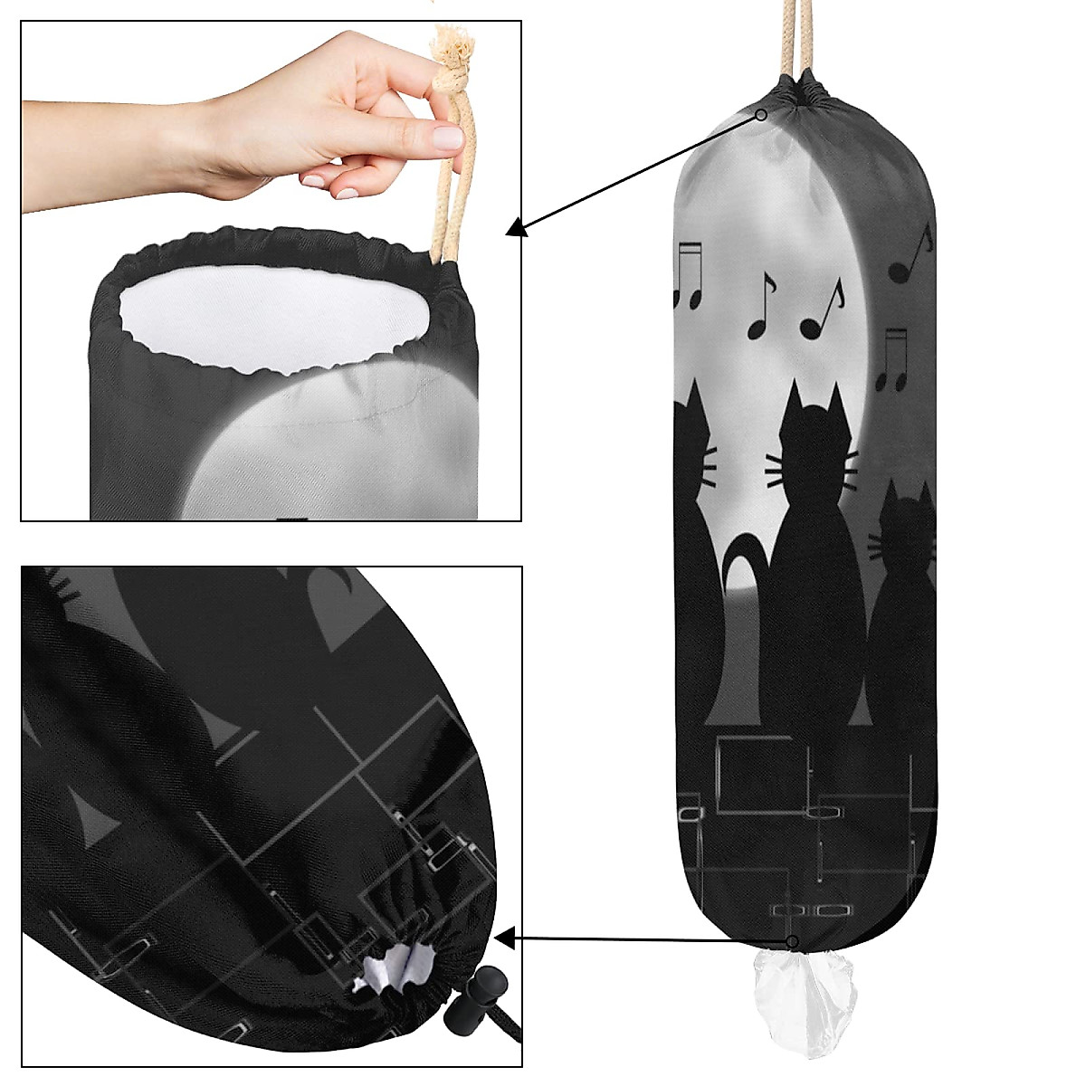 Animal Cat Plastic Bag Holder, Music Note Grocery Bag Storage Holder Hanging Garbage Shopping Bag Trash Bags Organizer for Kitchen Home