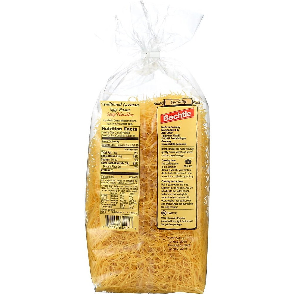 Bechtle Traditional German Cage Free Egg Pasta Soup Noodles Thin -- 17.6 oz (Pack of 2)