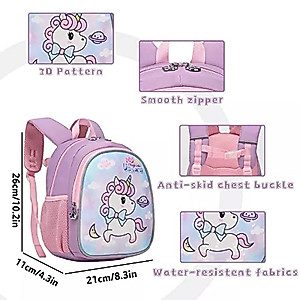 Tanou Toddler Backpack for Girls, 11 Inch Kids Backpacks for Preschool Kindergarten, Cute Cartoon Animal Style School Bag for Little Kids Aged 1-3 Years, Purple Unicorn