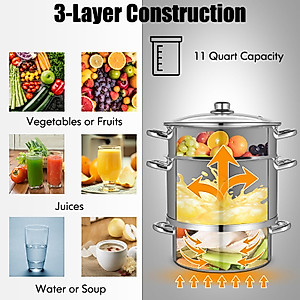 Giantex 11 Quart Juice Steamer Fruit Vegetables Juicer Steamers w/Tempered Glass Lid, Hose, Clamp, Loop Handles Stainless Steel Steam Juicer Multipots Kitchen Cookware for Making Juice, Jelly, Pasta