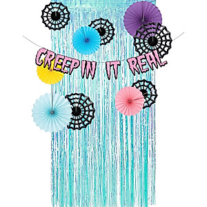 Cheerland Halloween Party Backdrop Pastel Banner Spiderweb Fan Banner Foil Party Streamers for Halloween Theme Birthday Wedding Baby Shower Cosplay Party Supplies