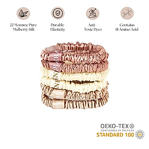 Vénera Skinny Silk Scrunchies - Frizz&Breakage Prevention-Hair Care Ponytail Holders for Women-100% Pure 22 Momme Mulberry Silk Hair Ties(Pink-Cream-Caramel)