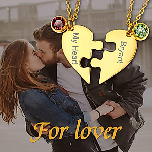 GOLDCHIC JEWELRY Gold Split Necklaces For Couples, Personalised Engraved Birthstones Matching Heart Pendant For 2