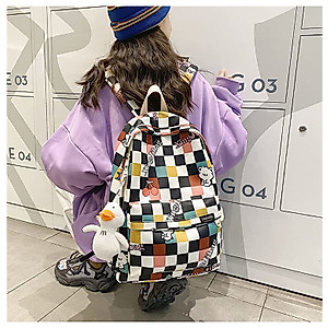 KOWVOWZ Kawaii Checkerboard Bear Backpack Girl Women Teen with Duck Pendant Cute College High School Backpack Laptop Bookbag (Black)