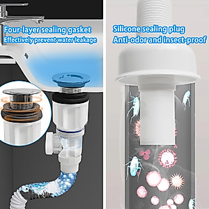 Bathroom Sink Drain Pipe Kit,Bathroom Sink Drain with Strainer Basket Hair Catcher and pop-up Stopper Flexible Sink Drain Pipe P-Trap，Suitable for drains Including for 1-1/4'' & 1-1/2''，RuQiankun