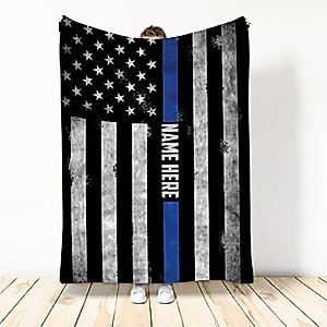 OhaPrints Custom Police Thin Blue Line American Flag Back The Blue Personalized Name Soft Sherpa Throw Blankets Cozy Fuzzy Fleece Throws for Tv Sofa Couch Comfy Fluffy Blanket 30X40 50X60 60X80