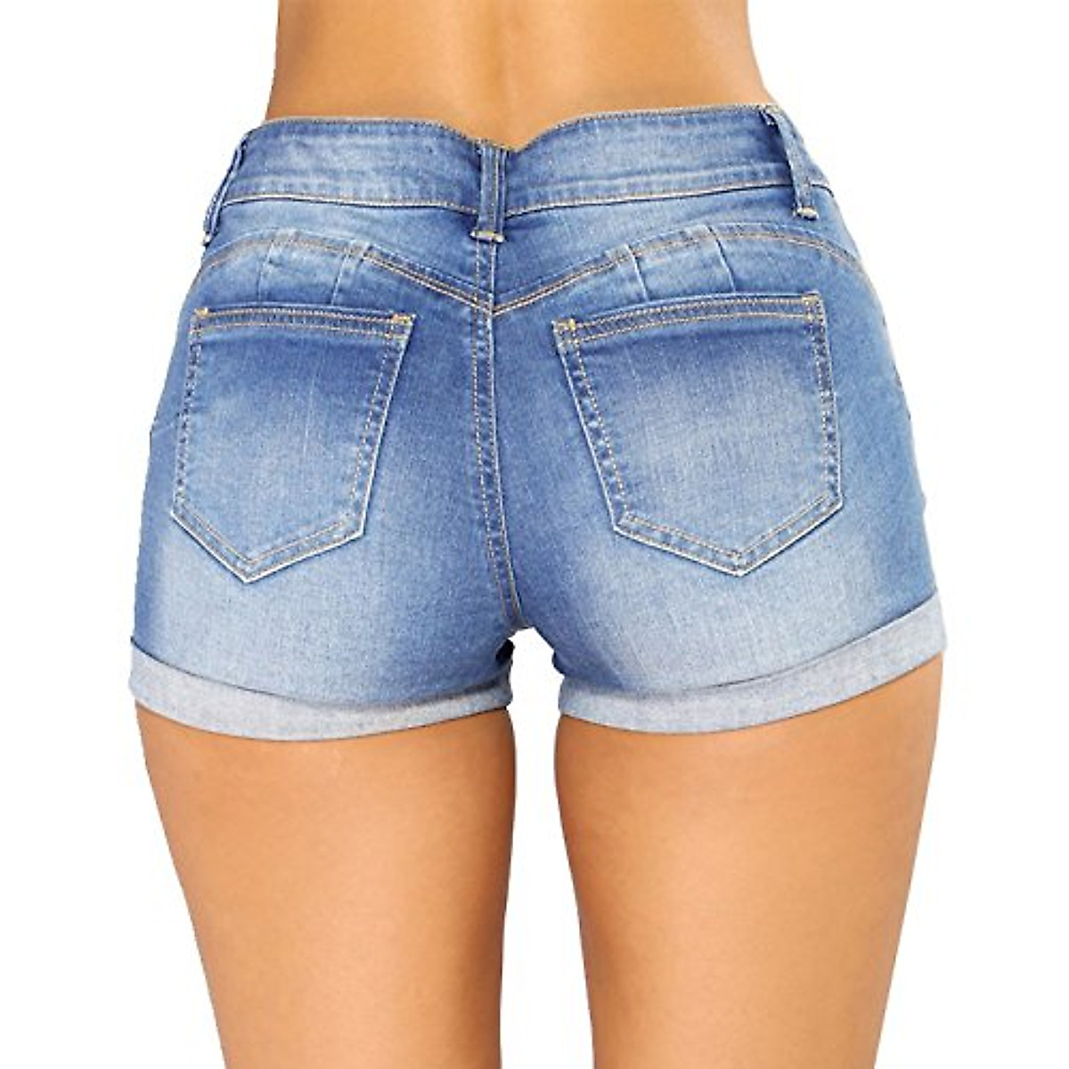 Govc Women Casual Summer Mid Waist Stretchy Denim Jean Shorts Junior Short Jeans(Light Blue,L)