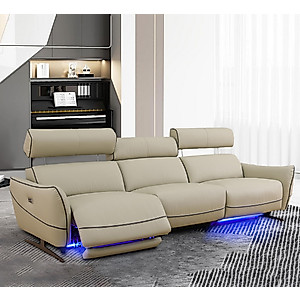 Plithzy Genuine Leather Power Recliner Sofa with LED, 114" Leather Sofa Couch with Adjustable Headrest&USB Charging, Power Reclining Sofa Living Room Furniture Set (Recliner Couch, Kachi Color)