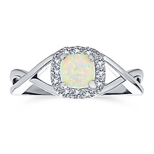 Delicate Dainty Pave CZ Halo Circle 1CT Square Princess Solitaire Created White Opal Engagement Ring With Infinity Band Gemstone Ring For Women .925 Sterling Silver October Birthstone