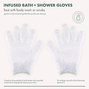 EcoTools Gentle Bath + Shower Gloves, Exfoliating Gloves Remove Dead Skin & Cleanse The Whole Body, Bath Gloves Infused with Avocado Oil to Scrub & Hydrate, Cruelty Free, 1 Pair (2 Gloves)