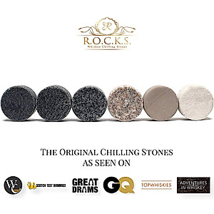 Whiskey Chilling Stones Gift Set - 6 Handcrafted Premium Granite Round Sipping Rocks - 2 Heavy Bourbon Glasses - Hardwood Presentation & Storage Tray - Elegant Gold Foil Gift Box by R.O.C.K.S.