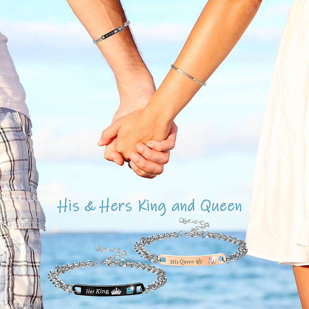 6 Pcs Couples Necklace Bracelet and Ring Set, Includes Necklaces for Him and Her Love Heart Pendant His Queen Her King (Heart Style, Metal)