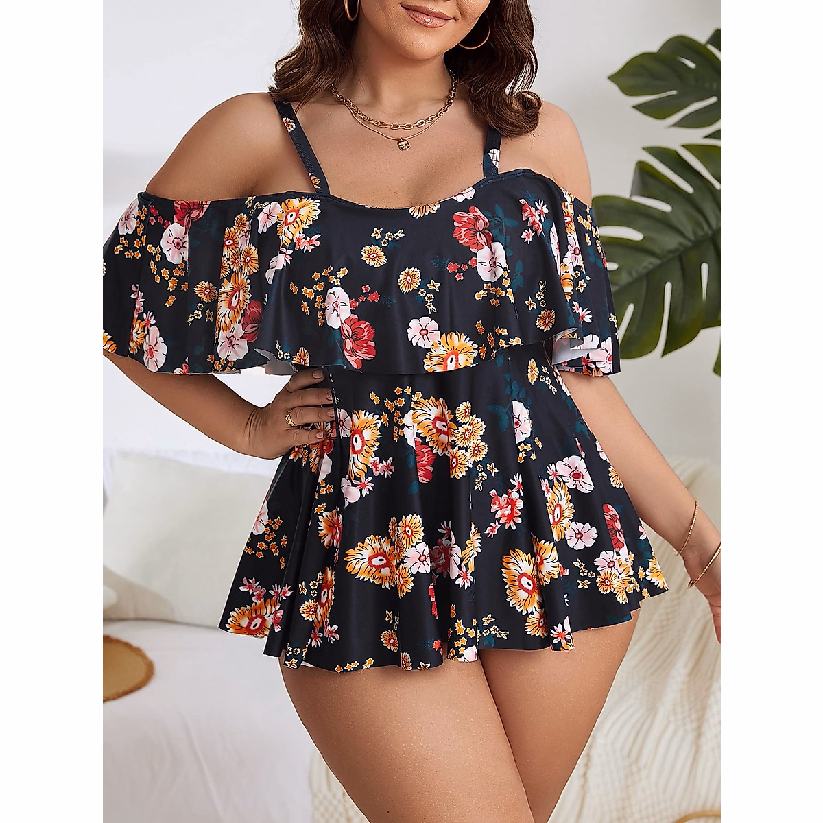 SOLY HUX Plus Size 2 Piece Tankini Floral Print Swimsuit Ruffle Trim Bikini Set Tummy Control Bottom Bathing Suit