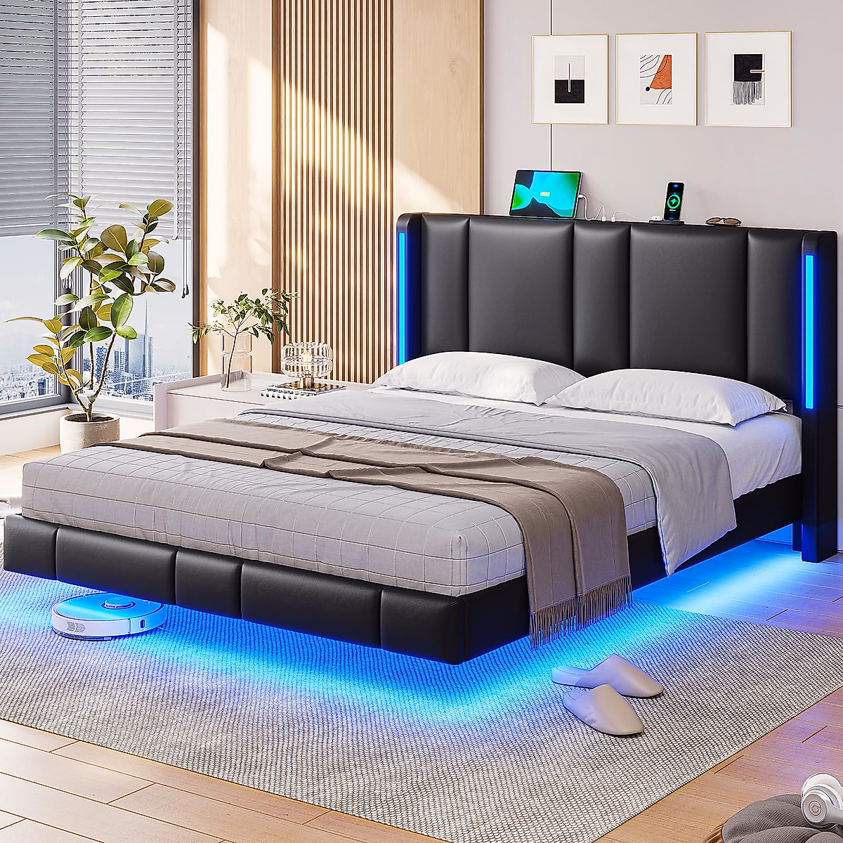 MSmask Queen Platform Bed Frame, Floating Bed with LED Lights, Faux Leather Upholstered Headboard, 2 USB Ports, Under-Bed Storage, No Box Spring Needed, Black