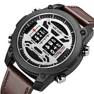MEGIR New Luxury Drum Roller Watches Men Military Sport Brown Leather Quartz Wrist Watch (Black)