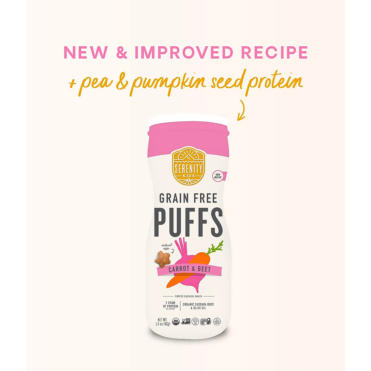 Serenity Kids 6+ Months Grain Free Puffs Toddler & Baby Snack | No Added Sugar, Gluten & Rice Free, Allergen Free | Made with Organic Cassava, Veggies, and Herbs | Carrot & Beet | 6 Count