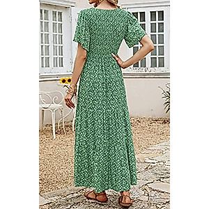 PRETTYGARDEN Womens Casual Floral Crew Neck Flutter Short Sleeve Long Summer Holiday Dress Party Maxi Wedding Guest Dresses (Green,Large)